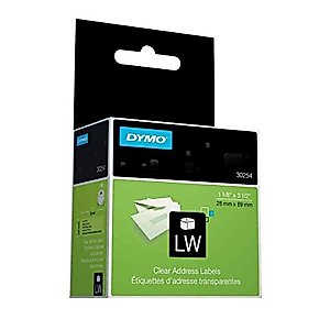 Dymo 30254 Lw Address Labels, 1-1/8 X 3-1/2, Clear, 130 Labels/Roll, 1 Roll/Bx