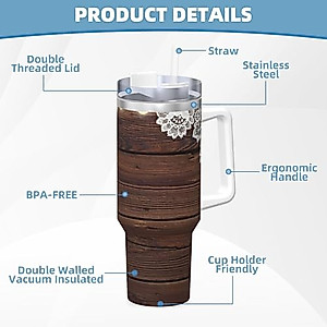Xiexide 40oz Fits Cup Holder Travel Rustic Western Country Brown Lace Floral Wood Double Walled Vacuum Insulatedith Handle And Straw,Hot & Cold Drinks