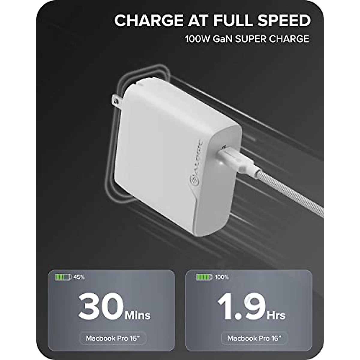 ALOGIC 100W MacBook Pro Charger USB C Charger with GaN Fast Tech, PD 3.0 Laptop Charger for MacBook Pro 16/13, Air, M1 Mac, XPS 15/13, iPad Pro, iPhone 13/13 Pro/Max/13 Mini Galaxy, Pixel & More