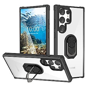 AOCOCEN Design for Galaxy S23 Ultra Case, Clear Crystal Hybrid Protective Rugged Case Cover [Ring Holder Kickstand][Magnetic Car Mount Feature] for Samsung Galaxy S23 Ultra 5G(Clear+Black)