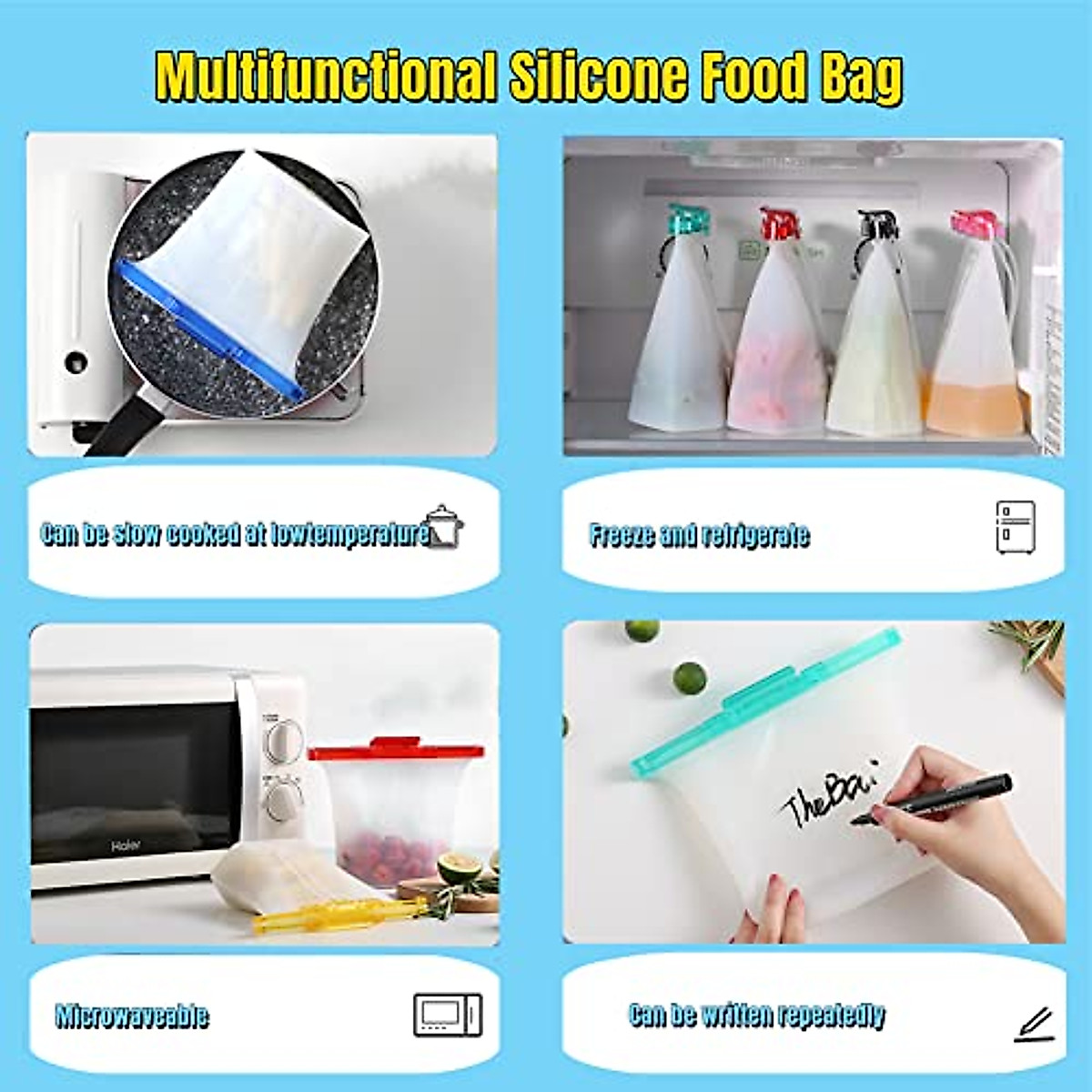 Reusable Silicone Bags, Reusable Sandwich Bags, Stand Up Leakproof Silicone Bags,Microwave, Dishwasher Safe-3Pack