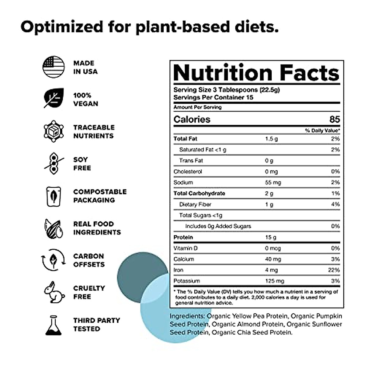 Complement Organic Unflavored Vegan Protein Powder (15 Servings) Low Carb, Low Calorie, Sugar Free, Soy Free, Non-GMO, Gluten Free, Non Dairy- Yellow Pea, Pumpkin Seed- 15g Plant Based Protein Powder