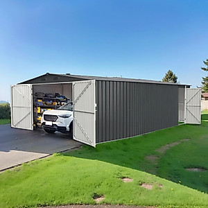 Yehha 20 X 13 Ft Metal Outdoor Storage Shed, Oversize Industrial Garden Shed with 2 Doors and 4 Vents, Galvanized Storage House for Car, Truck, Bike, Garbage Can, Tool, Lawnmower, Dark Grey