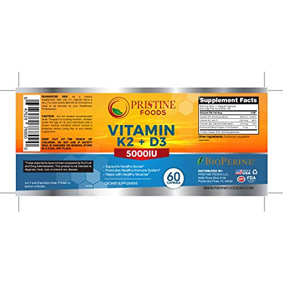 Pristine Foods Vitamin K2 (MK7) with D3 Ultra Premium 2 in 1 Support Complex with BioPerine (Black Pepper) | 60 Veggie Capsules | 5000 IU D3 Cholecalciferol, 100mcg K2 | Heart, Bone and Immune Health