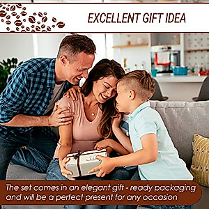 Porcelain Espresso Cups Set of 4 with Saucers - Comes with a Complimentary Espresso Drink Poster - Modern Dishwasher Safe Espresso Cup Set in Gift Box for any Occasion - 3.5 oz each, Ivory White.