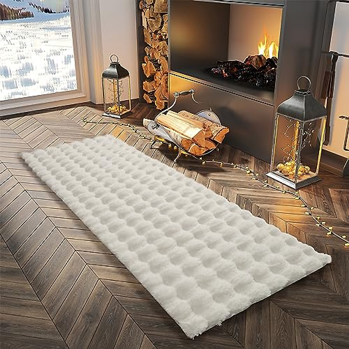 White Fluffy Faux Fur Rug - 2x6 Feet Fuzzy Sheepskin Throw Rug, Ultra Soft Shag Rug for Bedroom,Living Room,Fireplace,Nursery Decor