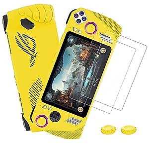 PAKESI Silicone Case for ASUS ROG Ally 2023 Release,Handheld Game Console Cover Protector Case with 2 Thumb Grip Caps and 2 Pack Screen Protectors - Enhance Your Gaming Experience(Yellow)