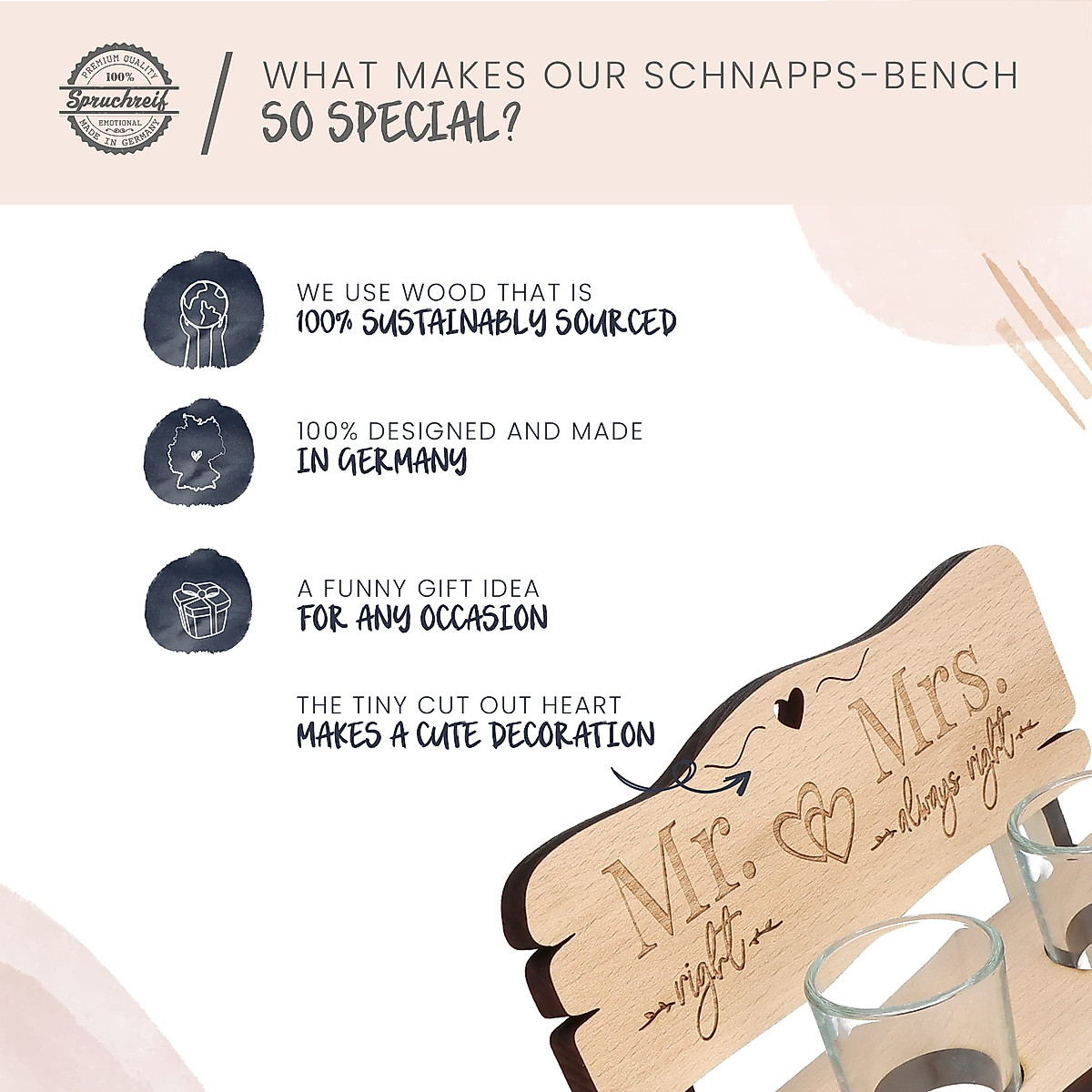 Spruchreif | Engraved Schnapps Bench with 2 Shot Glasses | Alcohol gift | Liquor gift | Wooden Shot Glas Stand with engraving | Funny Wedding Gift | Wedding Gift Ideas | Mr right Mrs always right