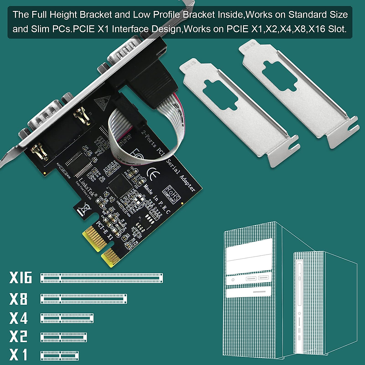 LinksTek 2-Port PCI Express RS-232 DB9 Serial Port Card for Windows XP, Vista,7, 8.x, 10, 11 32/64bit and Linux PCs, PCIE RS232 Card, PCIE Serial DB9 Port Card (PCIE-SE2)