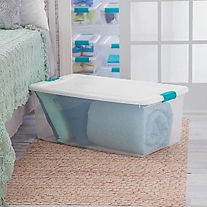 Sterilite Storage System Solution with 106 Quart Clear Stackable Storage Box Organization Containers with White Latching Lid, 20 Pack
