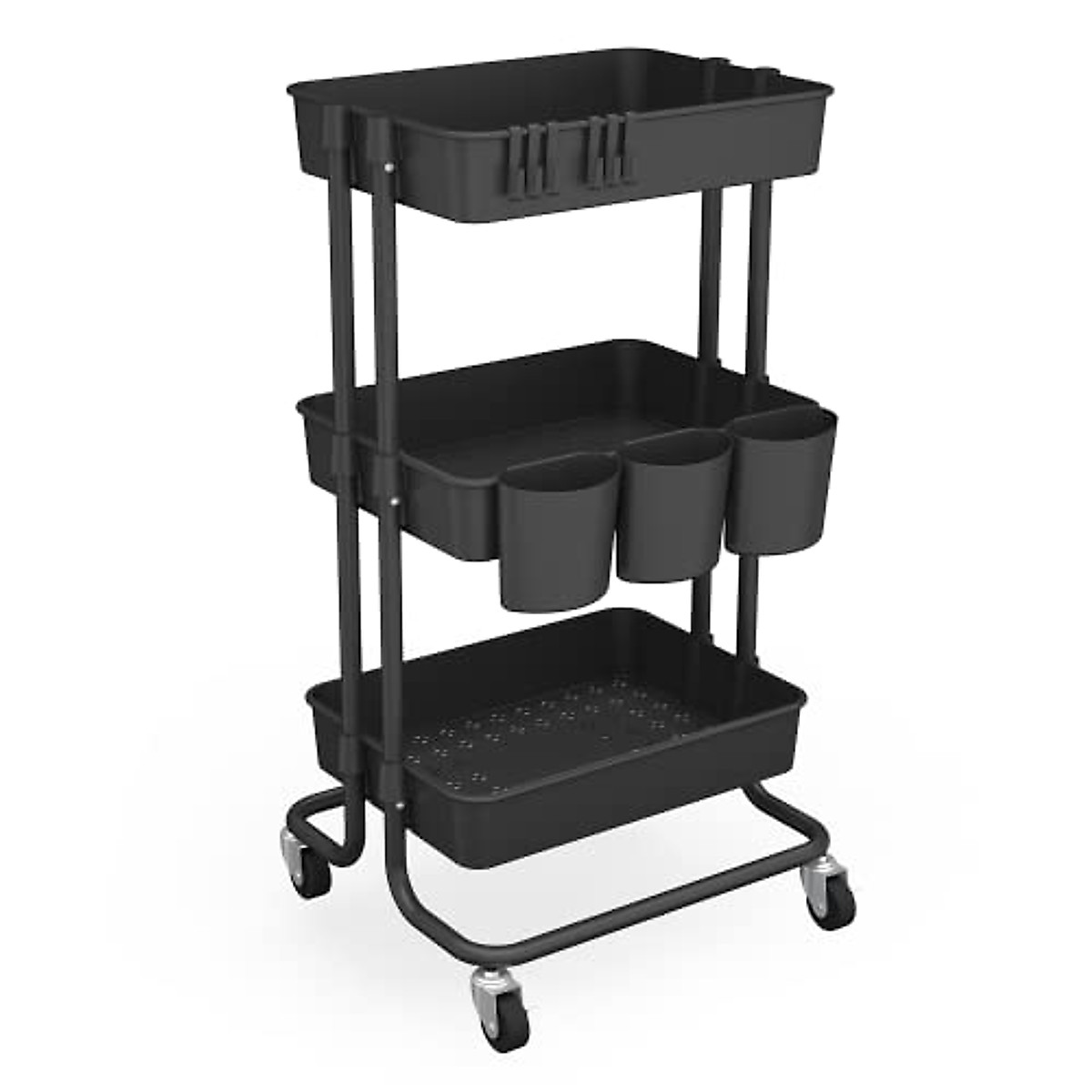 CAXXA 3-Tier Rolling Storage Organizer with 3 Small Baskets - Mobile Utility Cart with Caster Wheels (Black)