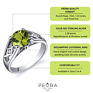 PEORA Genuine Peridot Ring for Women 925 Sterling Silver, 1.25 Carats Round Shape, Cathedral Style Solitaire, Size 8
