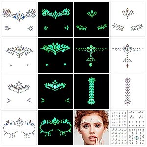 Face Gems, 7 Sets Luminous Face Jewels and 4 Sets Non-luminous Face Gems Rhinestone Stickers, Body Makeup Halloween Rainbow Tears Glow in The Dark Rave Accessories