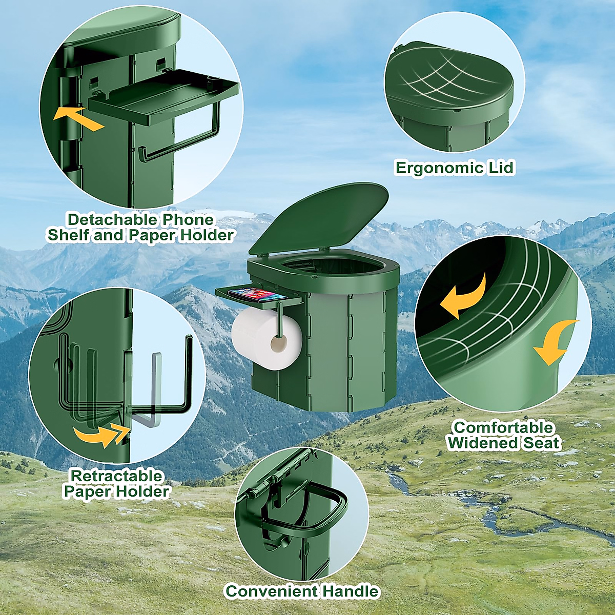 PAHTTO Portable Camping Toilet, Foldable Toilet for Adults with Detachable Phone Shelf and Toilet Paper Holder, Waterproof Porta Potty with Lid for Camping, Hiking, RV Travel, Road Trips, Car, Green