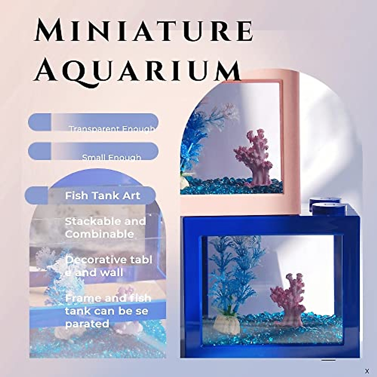 Small Betta Fish Tank, Stackable Mini Fish Tank Aquarium Tank Kit, 3/5 Gallon Rectangular Fish Bowl with Aquarium Gravel Decoration, Cube Tank for Seaweed Balls Sea Monkeys (Blue)