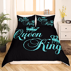 Feelyou Crown Queen and King Couple Duvet Cover Set His and Hers Bedding Set for Teens Women Men Black Teal King Size,Lover Romantic Valentine's Day Decorations Bedspread Cover (No Glitter)