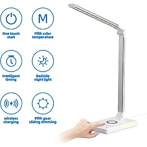 LED Desk Lamp with Wireless Charger, USB Charging Port, Touch Control Desk Lamp with 5 Color Modes, 7 Brightness Levels, Auto Timer, Dimmable Eye Caring Reading Desk Light for Study Home Office