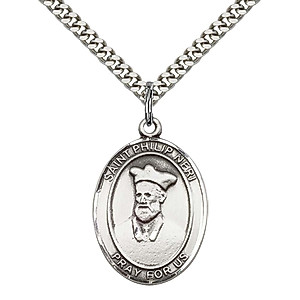 F A Dumont Sterling Silver St. Philip Neri Pendant with 24" Stainless Steel Heavy Curb Chain. Patron Saint of U S Army Special Forces