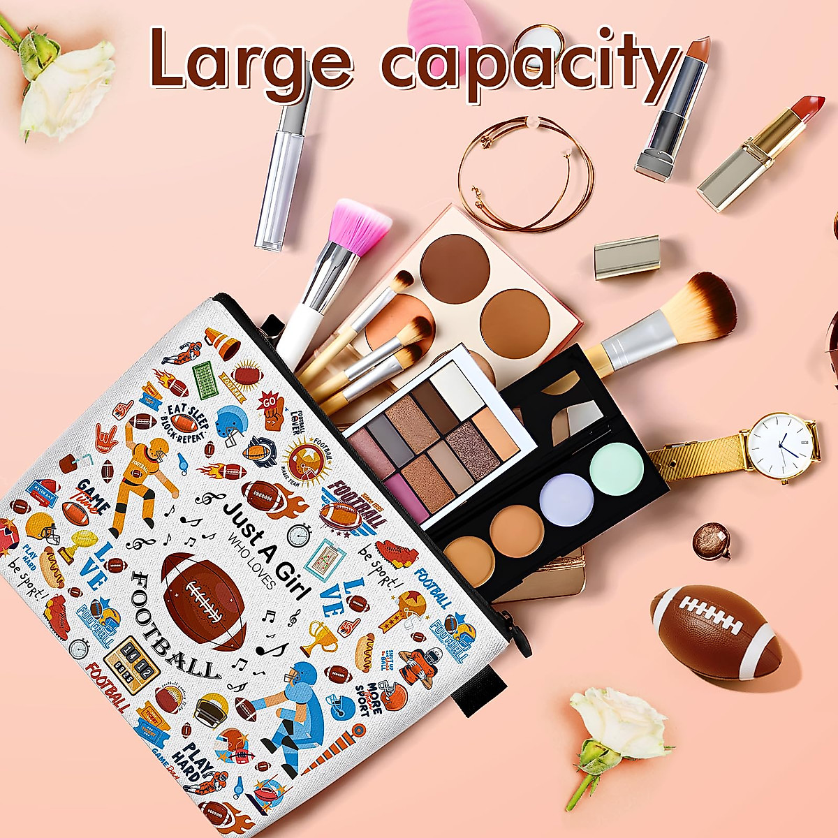 Football Makeup Bag for Teens, Inspirational Canvas Football Cosmetic Bag Pouch Accessories for Players Teams Stuff, Sport Party Favors Birthday Graduation Nurse Gifts for Her Girls Friends Women