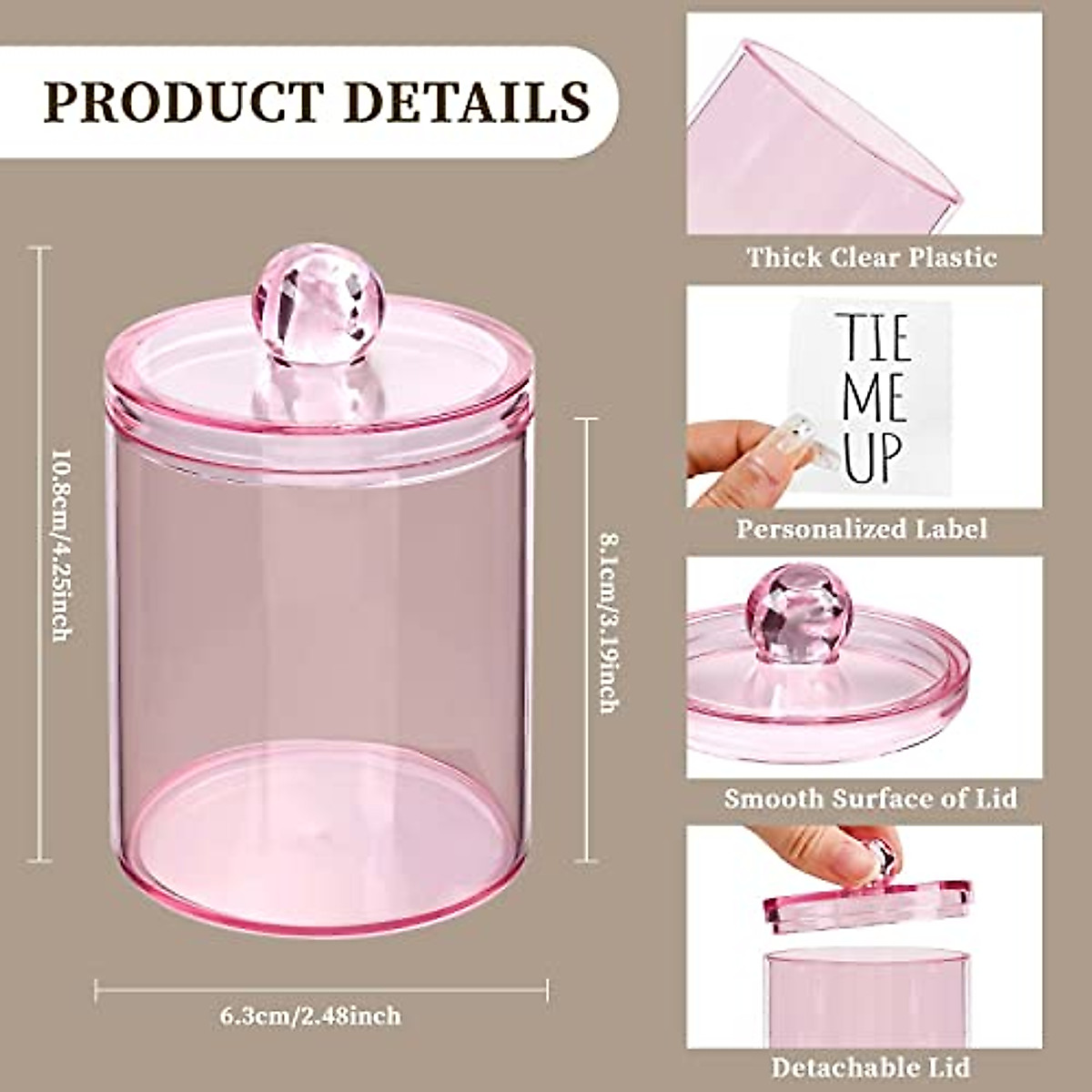 TUZAZO 4 Pack Qtip Holder Apothecary Jars with Lids, 10 oz Bathroom Organizer Storage Canister Set for Cotton Ball Holder, Cotton Swabs, Cotton Round Pads, Floss, Hair Ties and Hair Pins, Bathroom Decor Containers (Clear Pink)