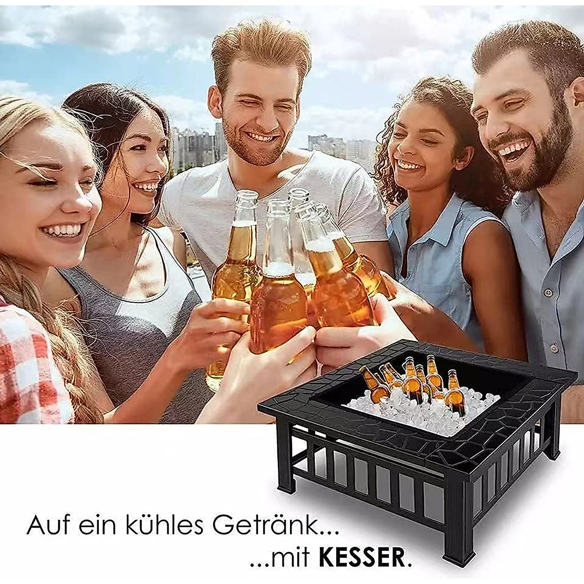 32Inch Outdoor Fire Pit Table, Wood Burning Firepit with Waterproof Cover,Spark Screen and Grill, Metal Square Firepits Grill and Grate for Garden,Patio,Yard and Camping