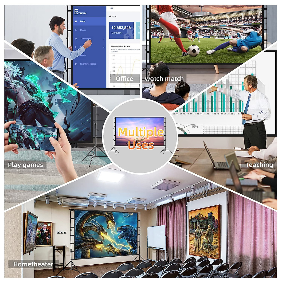 Projector Screen and Stand, lejiada150'' Upgraded Large Projection Screen Anti Crase Foldable with Carry Bag for Party Outdoor Movie Nights, Film Festivals, Business Presentations, Meetings, Home