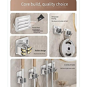 3-pack punch-free stainless steel broom and mop multifunctional rack hooks - self-adhesive and no drilling required - universal for kitchen, bathroom and garden (silver)