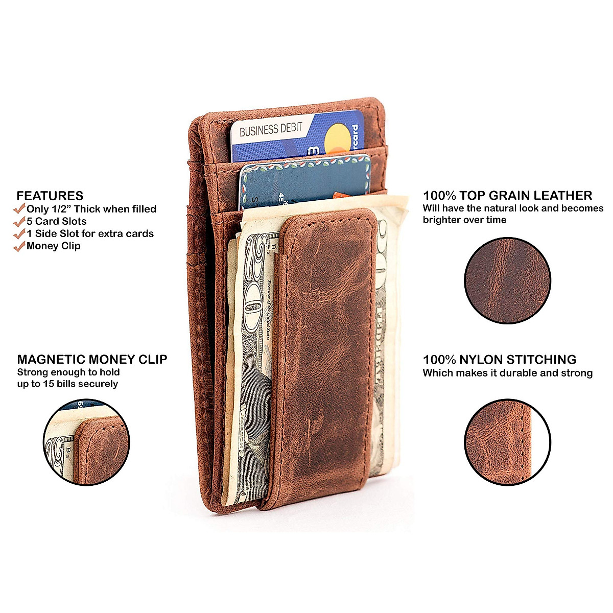 RAW HYD Men's Full-Grain Leather Slim Wallet with Money Clip - RFID Blocking, 5 Card Sleeves, Holds 15 Bills, Compact & Durable - Hunter Brown