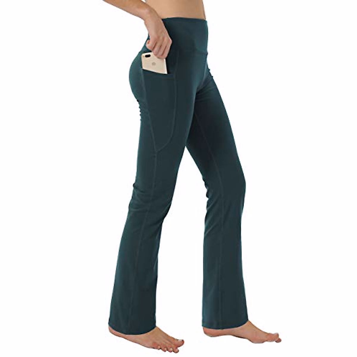 Keolorn Women's Bootleg Yoga Pants with Hidden Pockets Tummy Control Running Legging Long Bootcut (Green, 3X-Large)