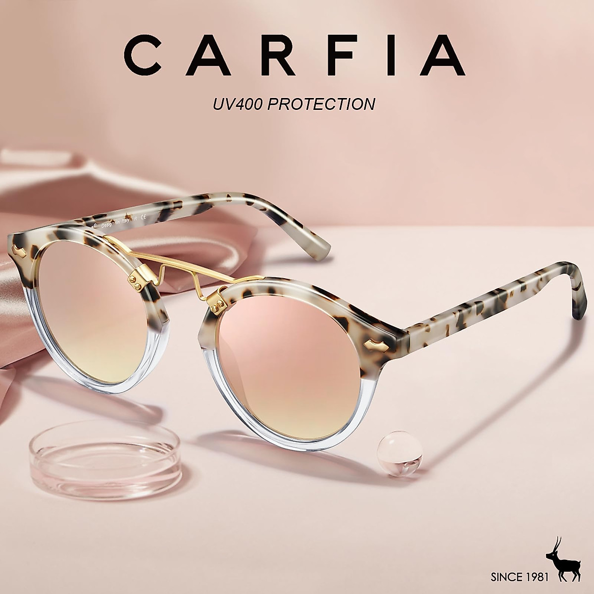 CARFIA Small Pink Mirrored Polarized Sunglasses for Women UV Protection, Acetate Eyewear Double Bridge Metal Brow Sunnies