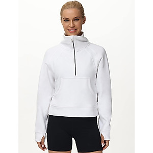 THE GYM PEOPLE Women's Half Zip Pullover Sweatshirt Fleece Stand Collar Crop Sweatshirt with Pockets Thumb Hole White