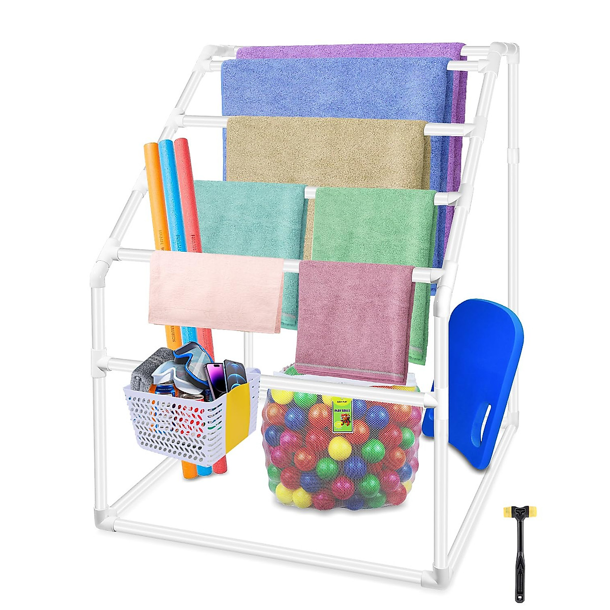 Heavy Duty Outdoor Towel Rack, Hutigertech 7 Tier Freestanding Poolside Pipe Towel Rack with Installation Hammer for Beaches,Swimming Pools,Bathroom