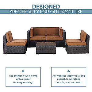 SUNCROWN 5-Piece Outdoor Patio Furniture Sofa Set All-Weather Wicker Sectional Sofa Couch Conversation Sets with Washable Cushions and Coffee Table (Brown)