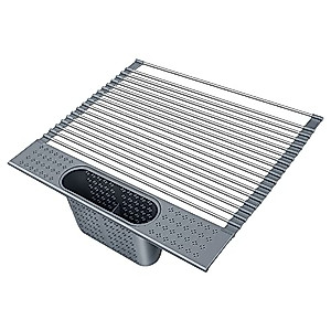 Roll Up Dish Drying Rack, Over the Sink Dish Drying Rack for Kitchen Counter Sink, Stainless Steel Sink Drying Rack with Utensil Holder, Multipurpose Foldable Kitchen Sink Rack Mat -Grey(17.3" x15.3")