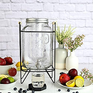 2 Gallon Glass Beverage Dispenser with Ice and Fruit Infusers, Metal Wire Stand with Wooden Handles, Drip Tray and Stainless Steel Spigot- Mason Drink Dispenser for Iced Tea, Kombucha, Infused Water