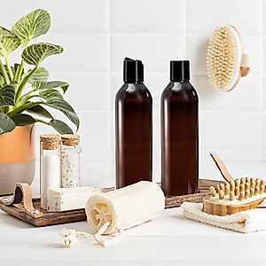 Bekith 16 Pack 8 ounce Amber Empty Plastic Bottles with Disc Top Flip Cap; BPA-Free Refillable Containers For Shampoo, Lotions, Liquid Body Soap, Creams