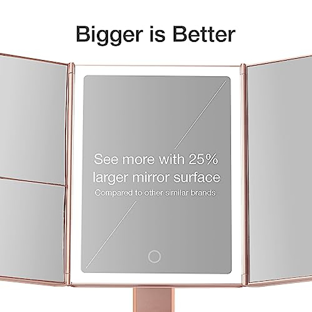 Fancii Makeup Mirror with Natural LED Lights, Lighted Trifold Vanity Mirror with 5X & 7X Magnifications - 40 Dimmable Lights, Touch Screen, Cosmetic Stand - Sora (Rose Gold)
