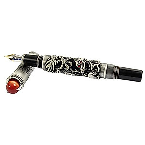 Gullor JinHao Antique Silver Dragon Style 3D Carved Fountain Pen With Red Pearl, Medium Nib, Black