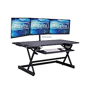 Rocelco 46" Height Adjustable Standing Desk Converter - Desktop AC USB Charger - Sit Stand Up Triple Monitor Riser - Tall Computer Workstation - Retractable Keyboard Tray - Black (R DADRB-46-ACUSB)