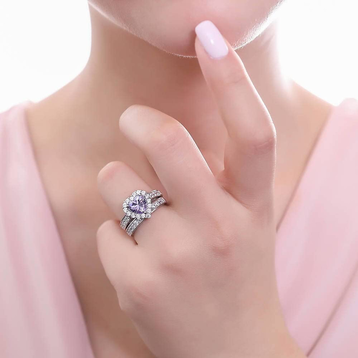 BERRICLE Sterling Silver Halo Wedding Engagement Rings Purple Cubic Zirconia CZ Statement Heart Ring Set for Women, Rhodium Plated Size 9