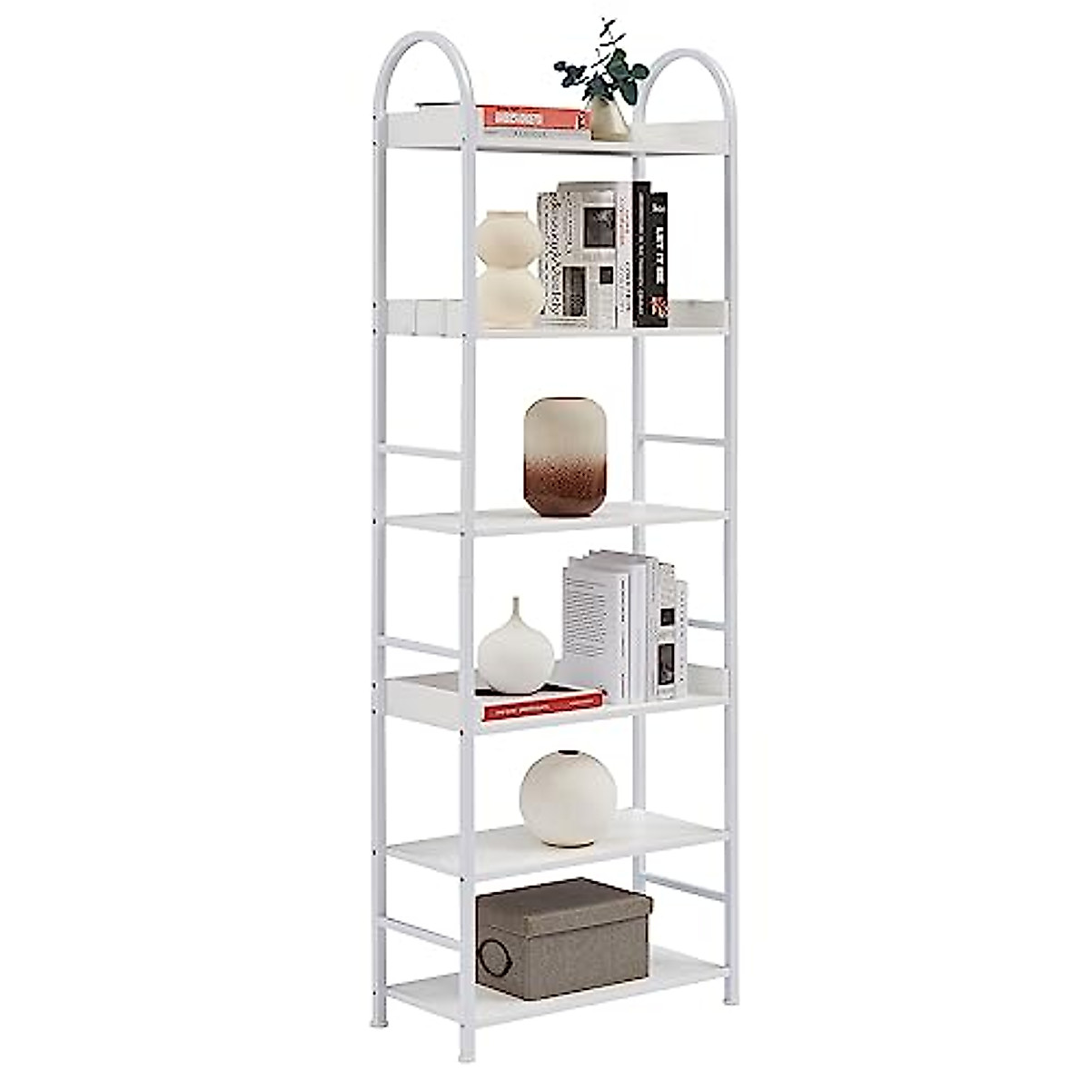 DHAEY 70.8 Inch Tall Bookshelf,6-Tier Bookcase Shelf with Round Top and Hooks,Metal Book Shelf Display Shelf Storage Organizer with MDF Boards & Adjustable Foot Pads for Office Small Space,White