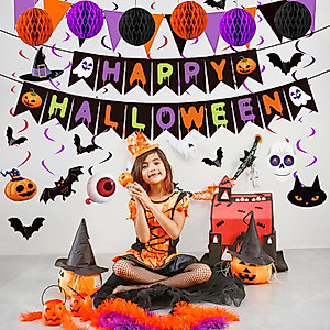 Happy Halloween Banner 26pcs Halloween Party Decorations Paper Triangle Flag Bunting Honeycomb Ball Hanging Swirl Streamers Bats Stickers Wall Decor DIY Indoor Outdoor Home Decor