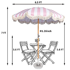 Funsite 6.5ft Boho Beach Umbrella with Fringe, UPF 50+ Tassel Umbrellas with Carry Bag, Premium Wood Pole Foldable Patio Umbrella for Outdoor Holiday Garden Lawn Pool Yard Table, Pink Stripe