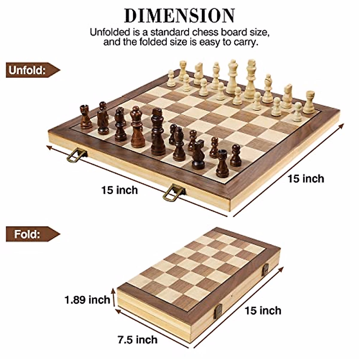 LEAP Magnetic Wooden Chess Sets 15 inch Foldable Chess Board 3 inch King Height Chess Pieces Travel Chess Sets, Chess Board Set with 2 Extra Pieces and Storage Slots for Kids, Adults