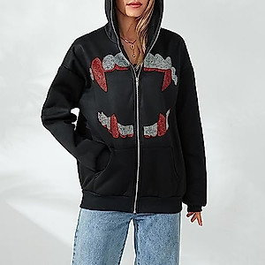 Amiblvowa Y2k Women Zip Up Hoodies Rhinestone Graphic Sweatshirts Skeleton Spider Aesthetic Oversized Jacket Goth Clothing (Primary Black Red Skull, M)
