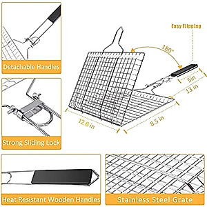 Vastector Grilling Basket, Folding Portable Outdoor Camping Stainless Steel BBQ Rack with Removable Handle for Shrimp, Steaks, Burgers, Hot Dogs, Barbeque Griller Cooking Tool