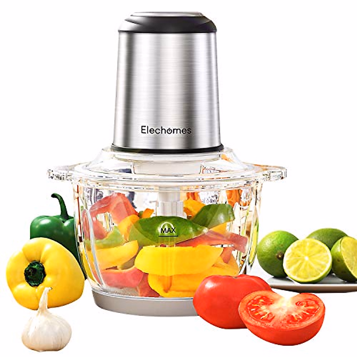 Electric Food Processor & Vegetable Chopper, Elechomes High Capacity 8-Cup Blender Grinder for Meat, Onion, Powerful 300W Motor & 4 Detachable Dual Layer Stainless Steel Blades, BPA-Free Glass Bowl