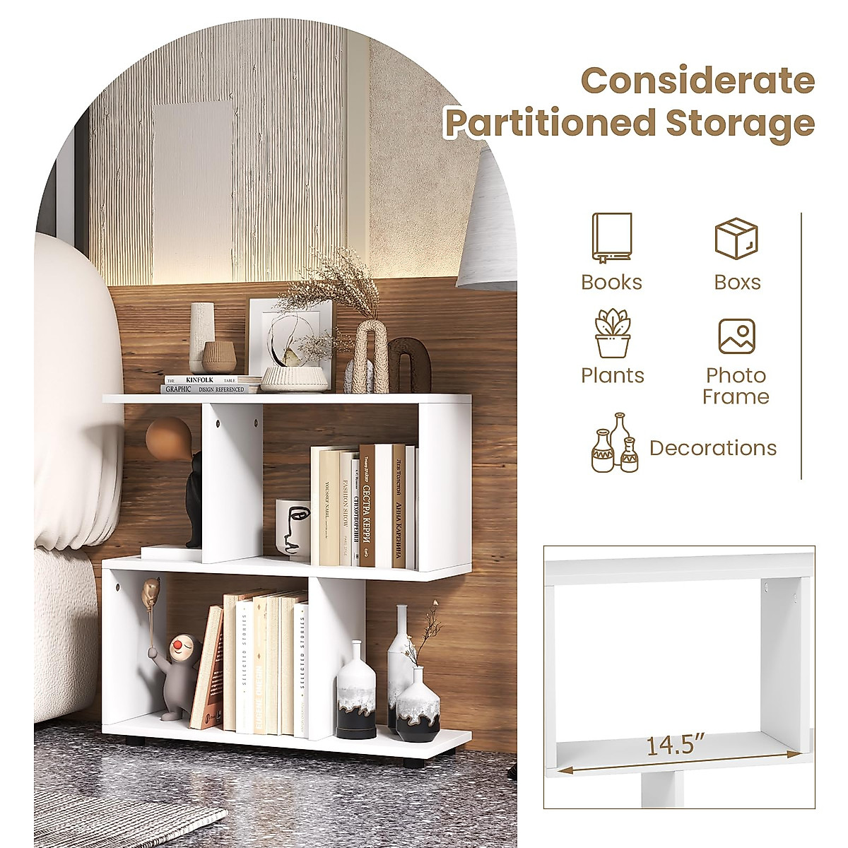 Tangkula 2 Tier Geometric Bookshelf, Freestanding Wood Display Shelf, Home Office Decor Room Divider S Shaped Open Bookcase, Small Bookshelf for Small Spaces, Living Room, Study (White, 1)