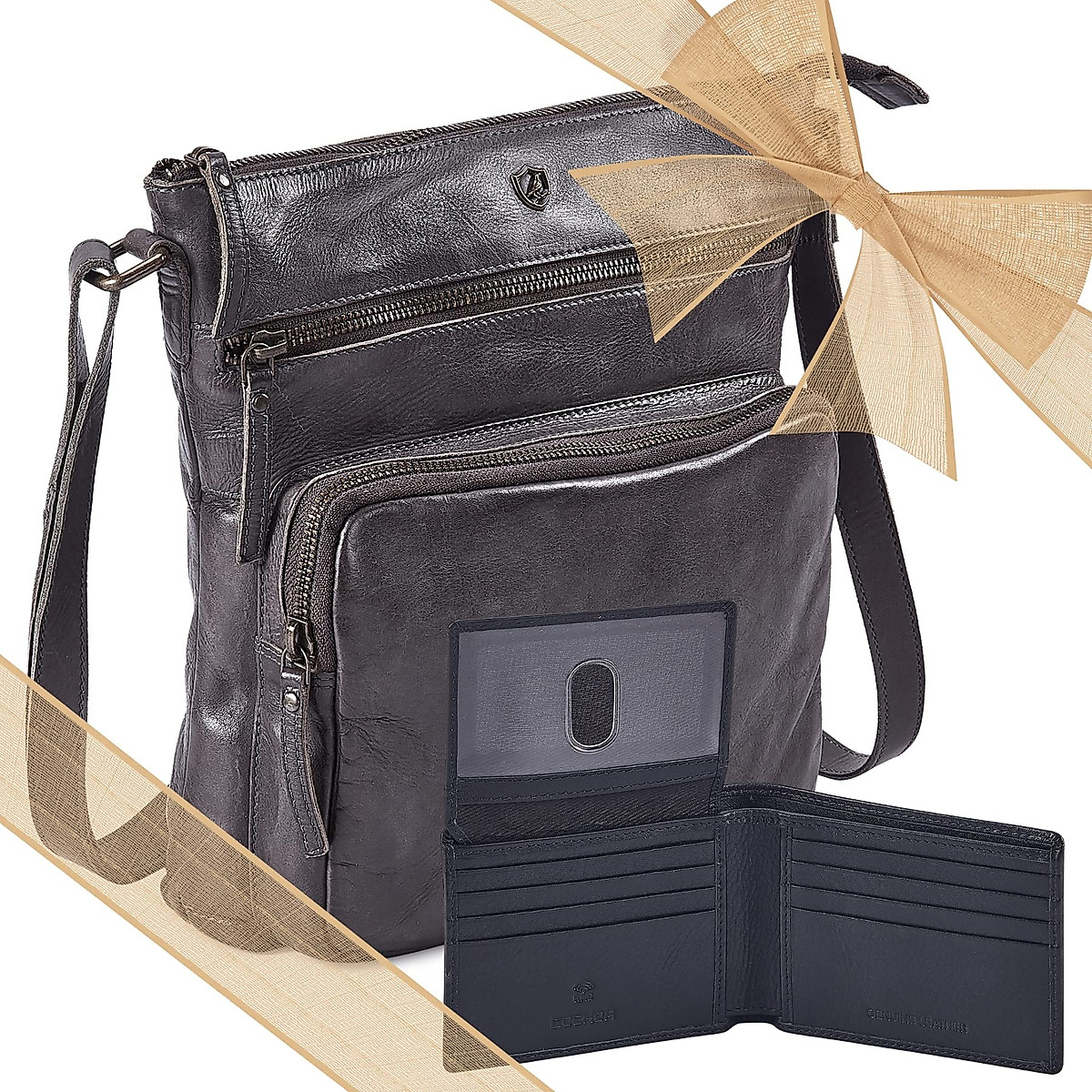 Cochoa Women's Crossbody Real Leather Triple Zip Bag, Purse, Travel Bag Set with RFID Blocking Stylish Bifold Wallet With 2 ID Window