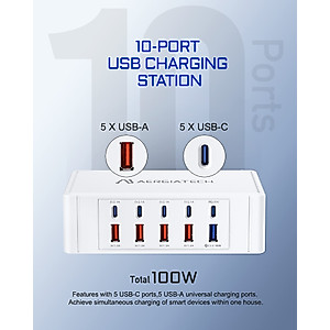 Aergiatech USB C Charger Station, 10-Port 100W Charging Hub with PD3.0 and QC3.0 Fast Charging for Multiple Devices, Compatible with iPhone 15/Pro/14/13, iPad Air/Pro, Galaxy -White
